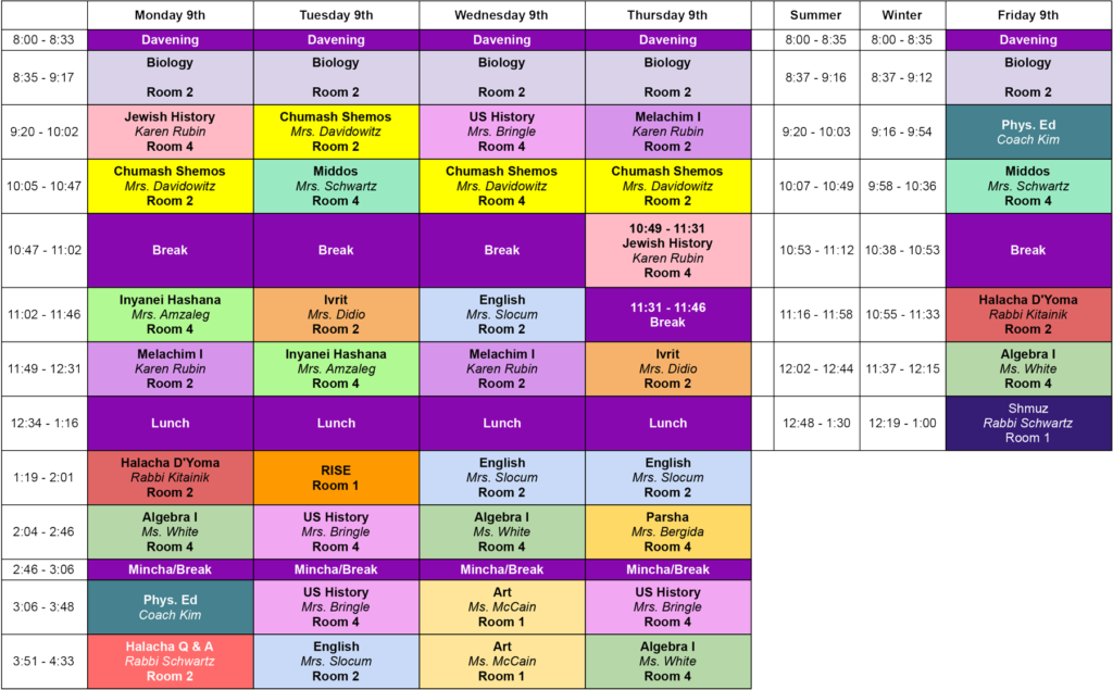 Daily Schedule - Ateres Bnos Ita